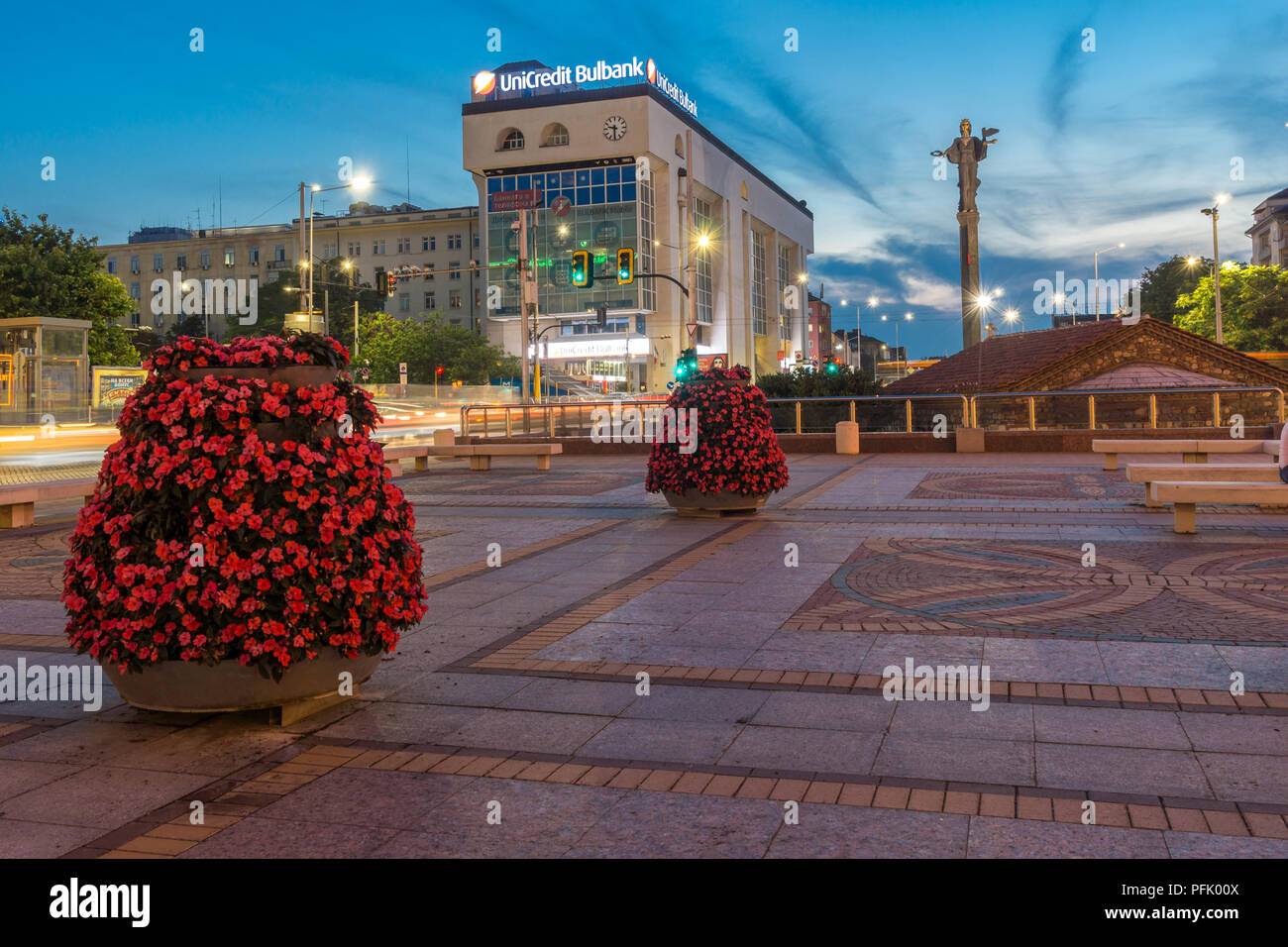 SOFIA, BULGARIA - JULY 21, 2017: Night photo of Independence Square and ...
