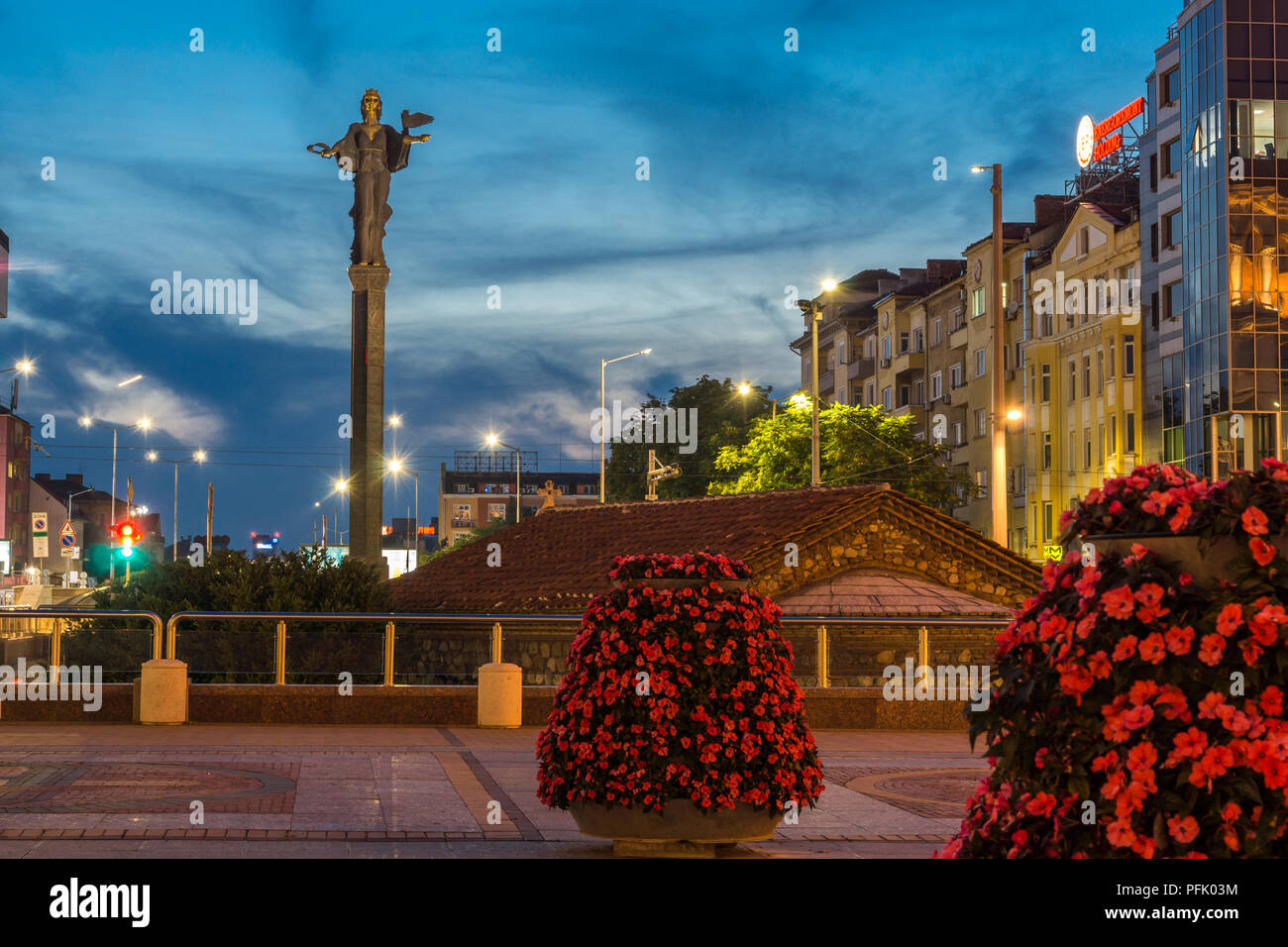 SOFIA, BULGARIA - JULY 21, 2017: Night photo of Independence Square and ...