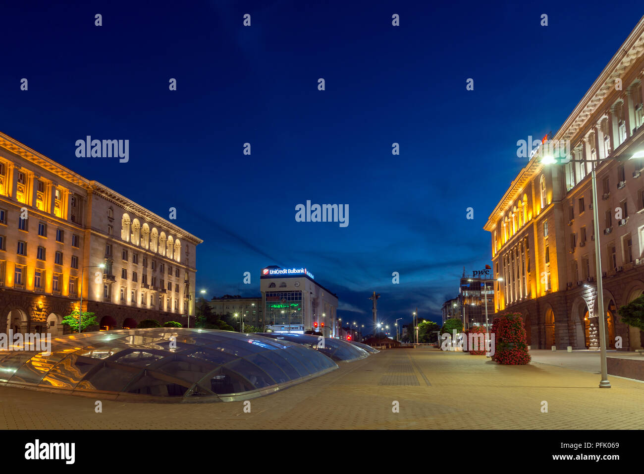 SOFIA, BULGARIA - JULY 21, 2017: Night photo of Independence Square and ...