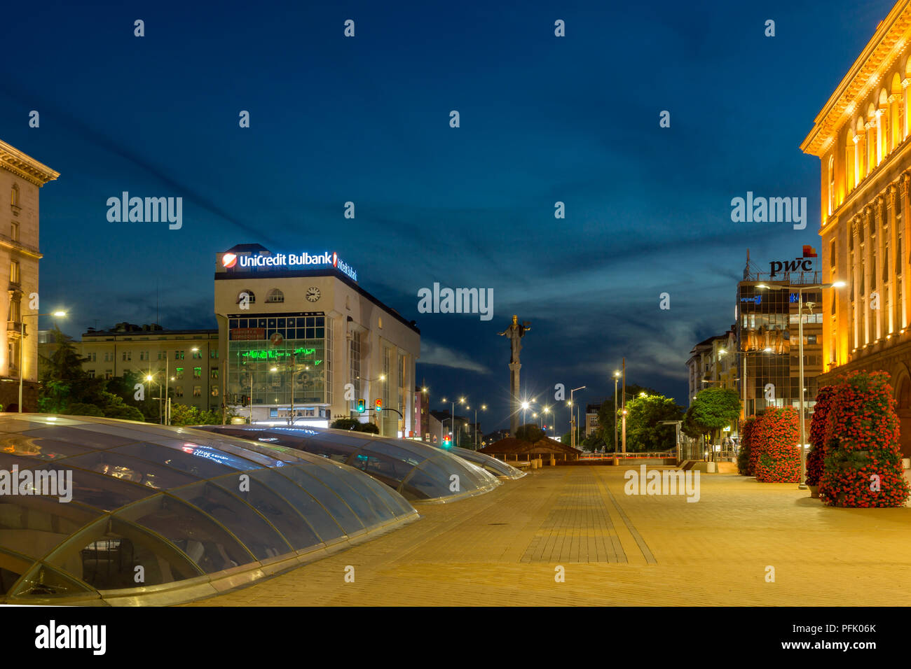 SOFIA, BULGARIA - JULY 21, 2017: Night photo of Independence Square and ...