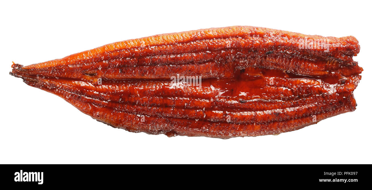 grilled fillet of eel with sauce isolated on white background, asian ...