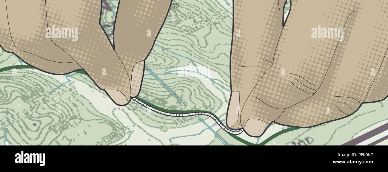 Digital illustration of using string to accurately measure curved route ...