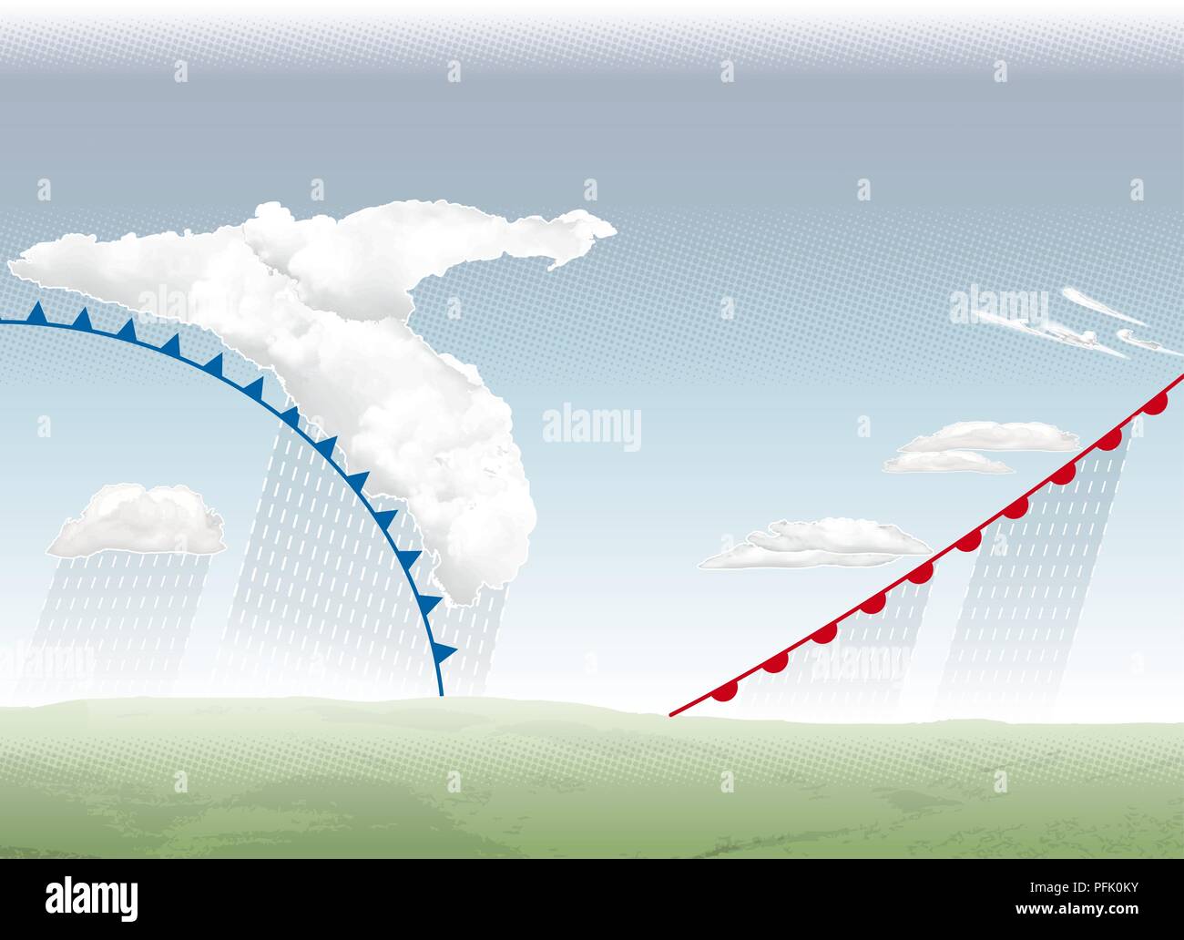 Digital illustration of weather systems travelling over ground Stock ...