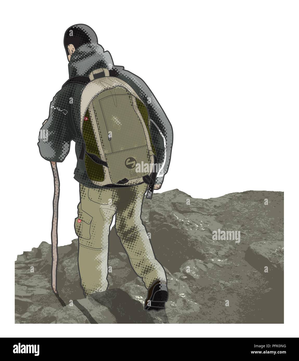 Digital illustration of man leaning slightly backwards and using stick ...