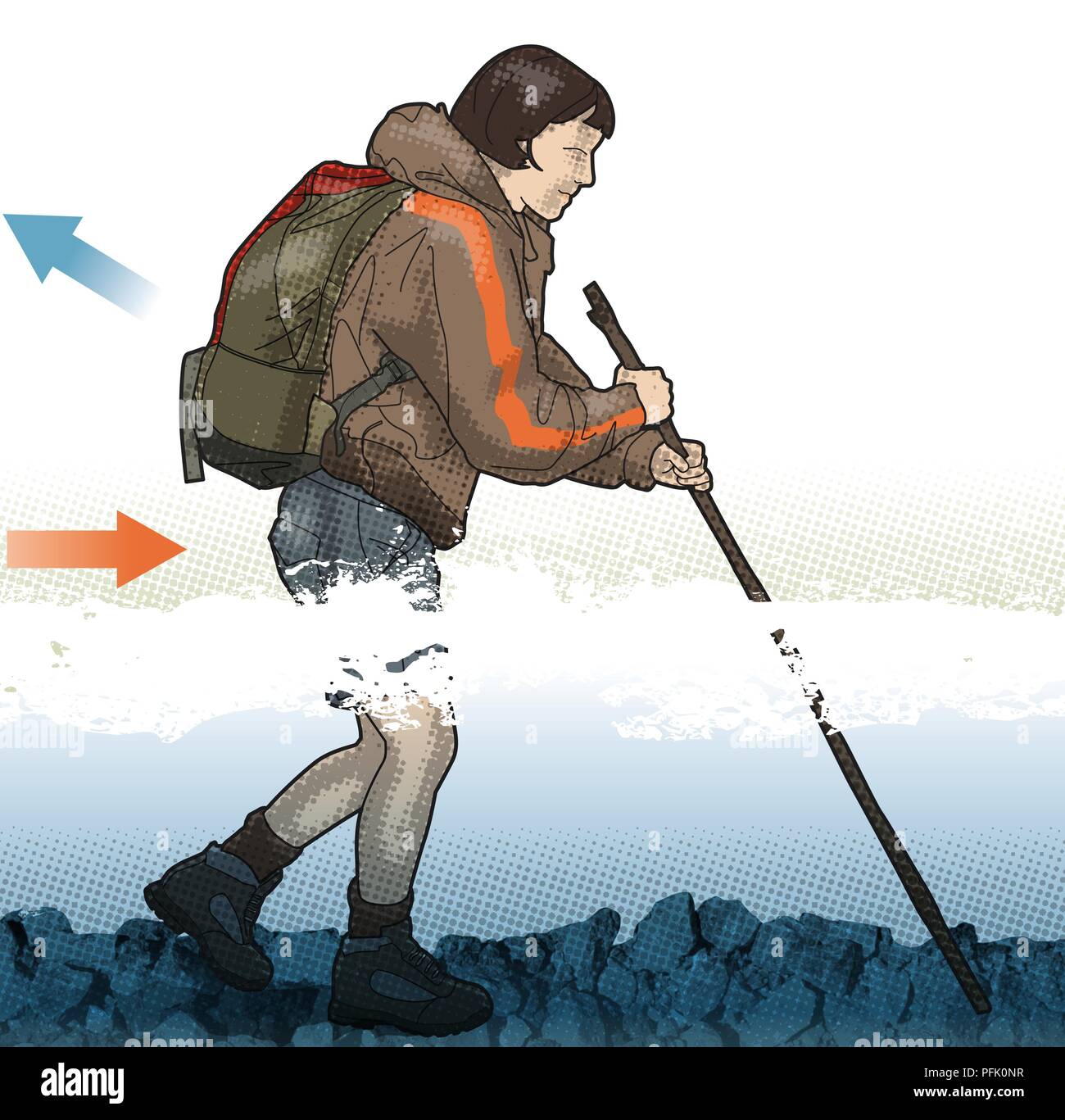 Digital illustration of female hiker wading through water using walking ...