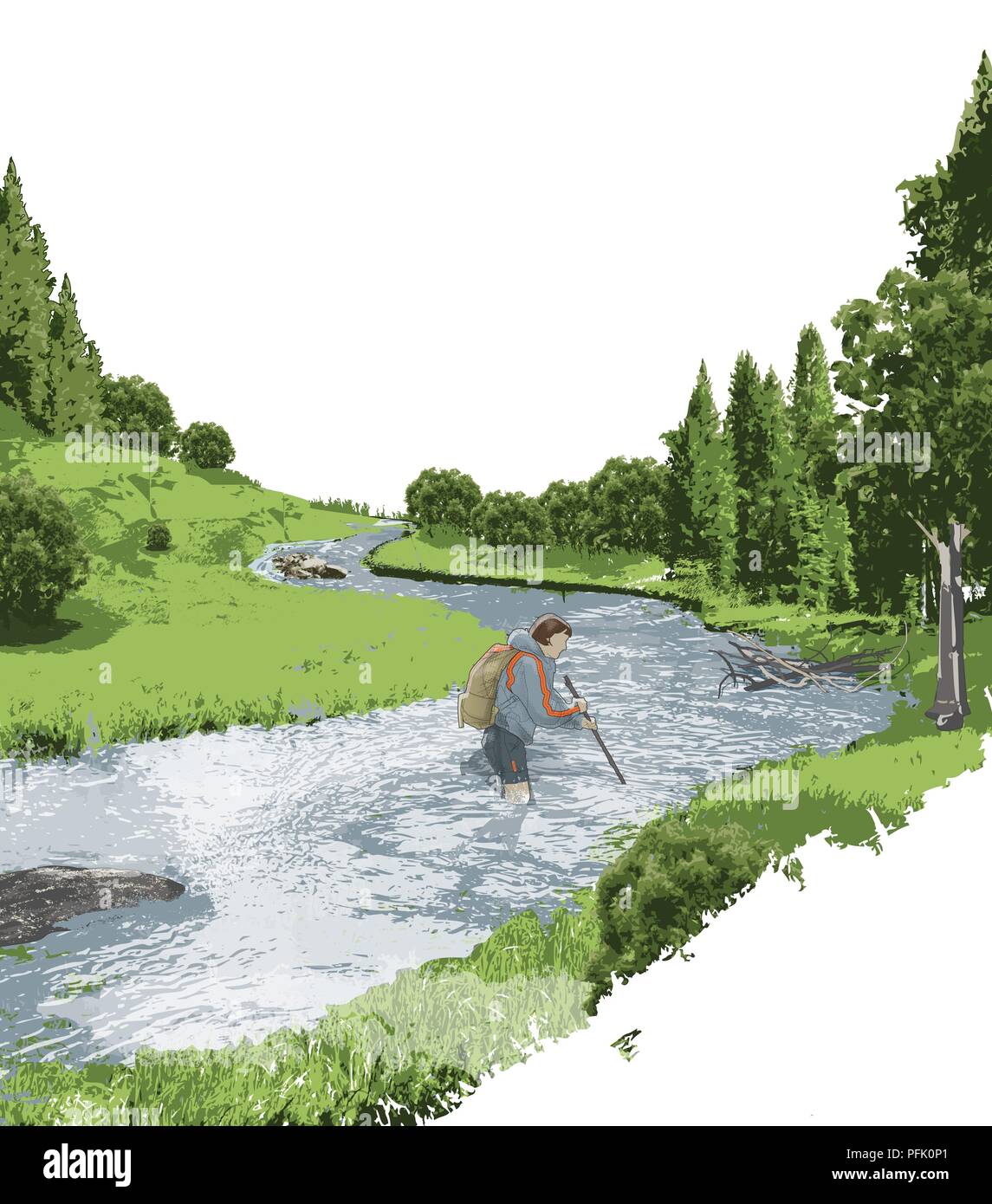Digital illustration of female hiker safely crossing fast-flowing river ...