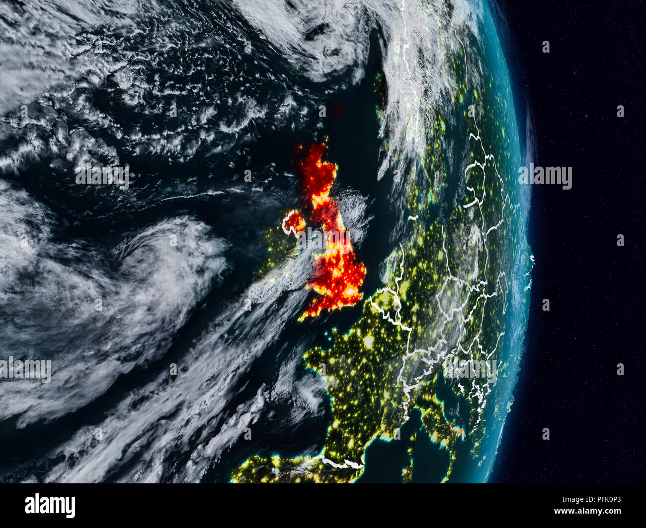 United Kingdom from space on planet Earth at night with visible country ...