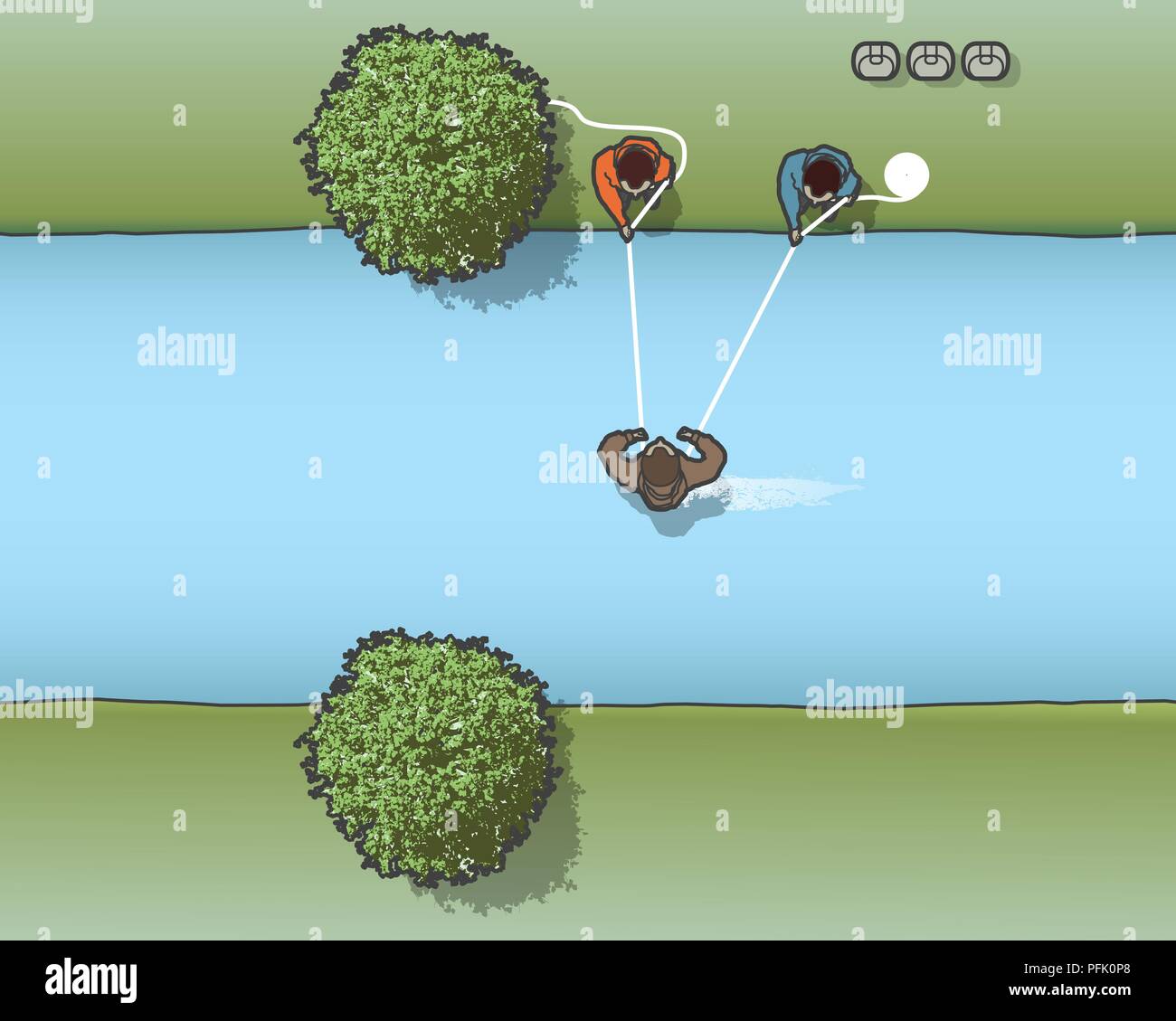 Digital illustration showing how to safely cross water with two men on ...