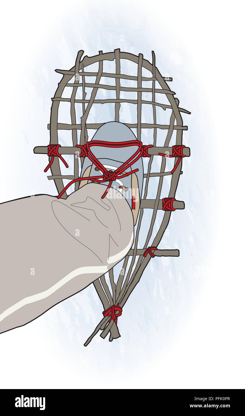 Digital illustration of boot attached to improvised snowshoe made from ...