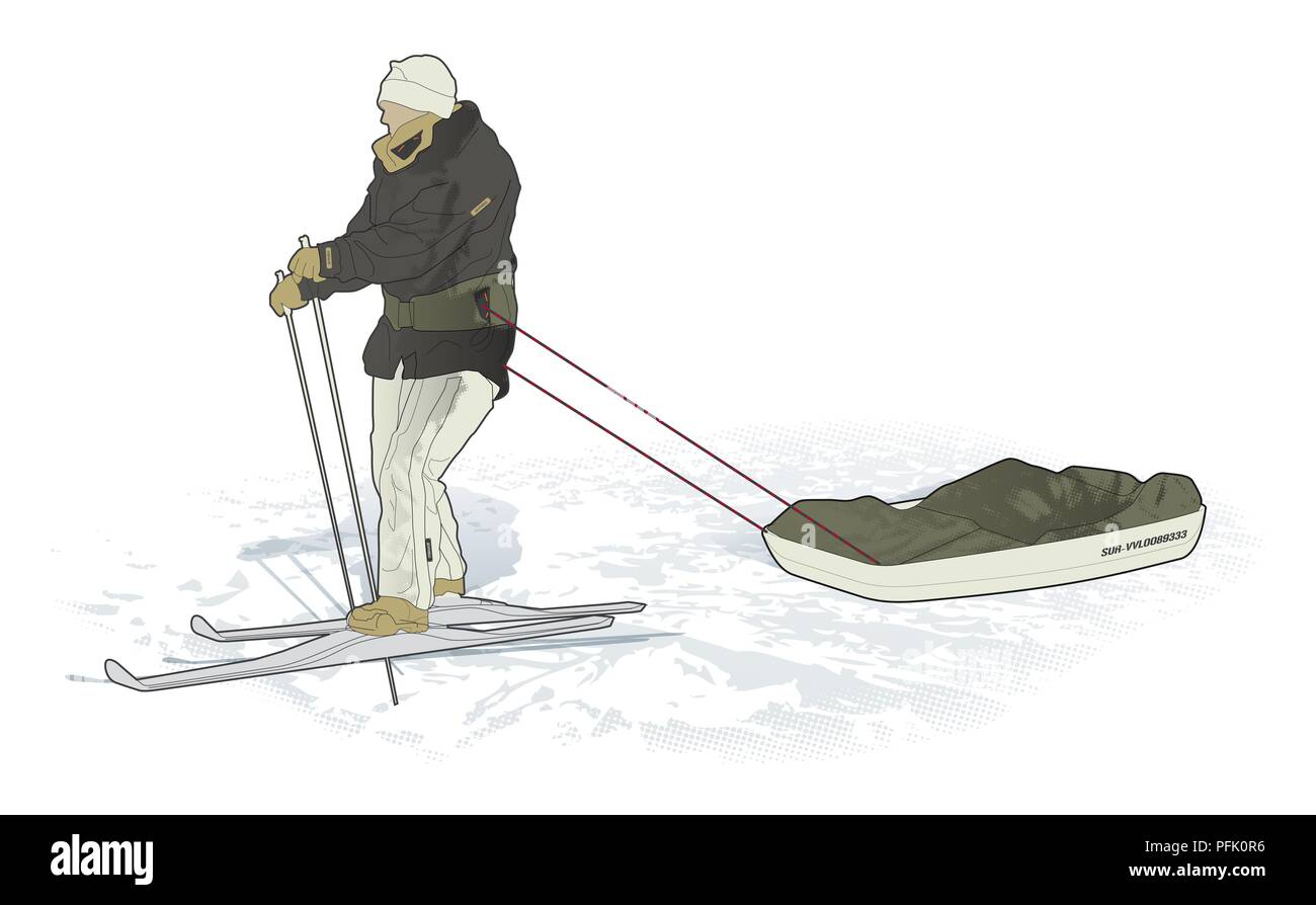 Digital illustration of man on skis pulling equipment behind on pulk ...