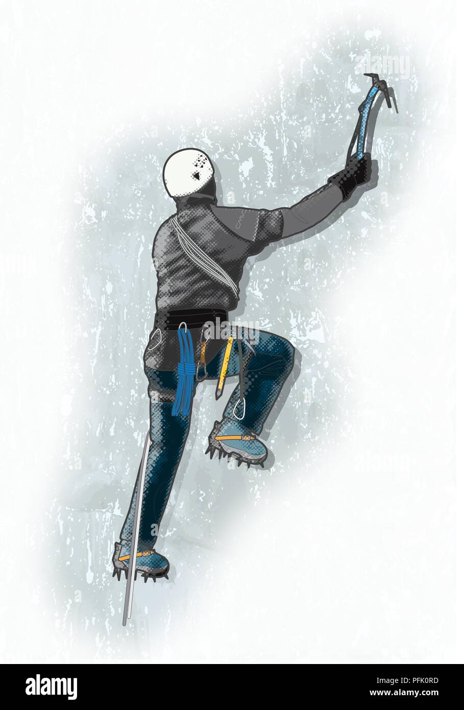 Digital illustration of ice climber using ice axe to pull himself up ...