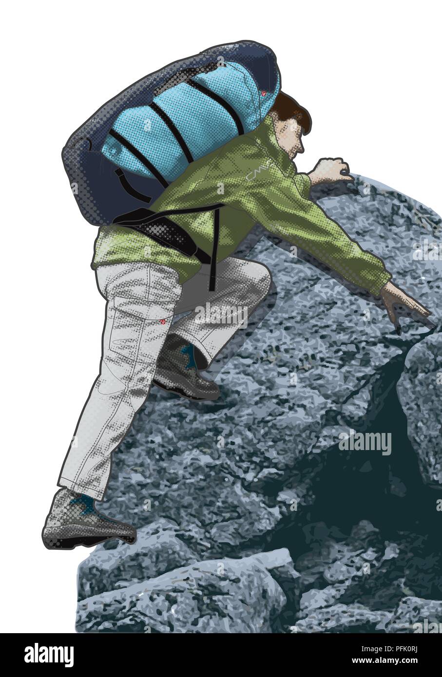 Digital illustration of man scrambling over rock carrying heavy ...