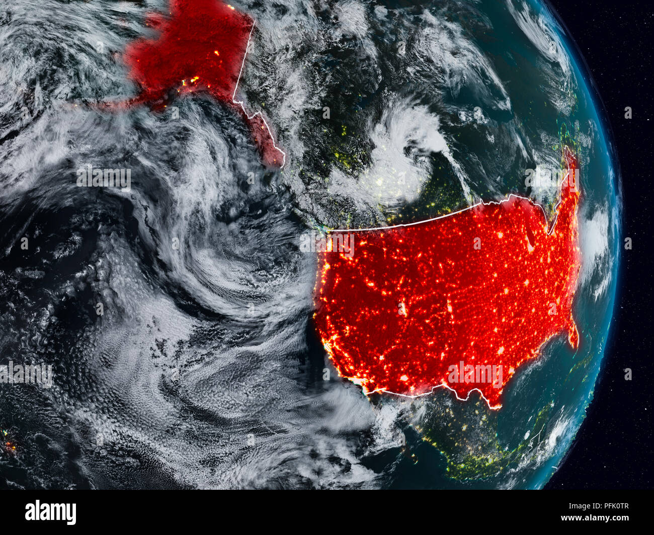 USA from space on planet Earth at night with visible country borders ...