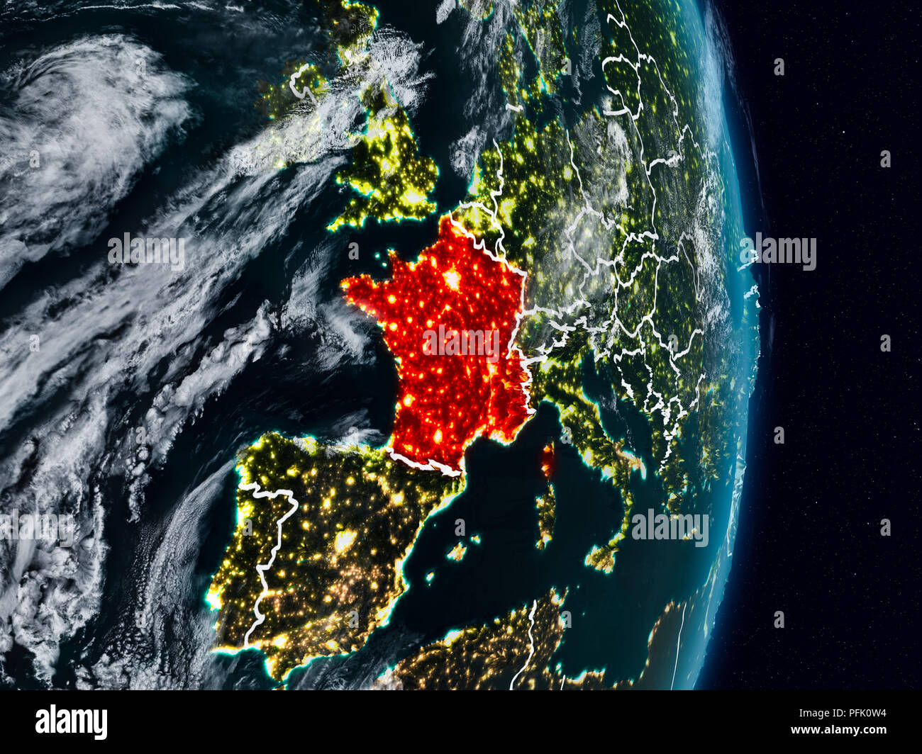 France from space on planet Earth at night with visible country borders ...