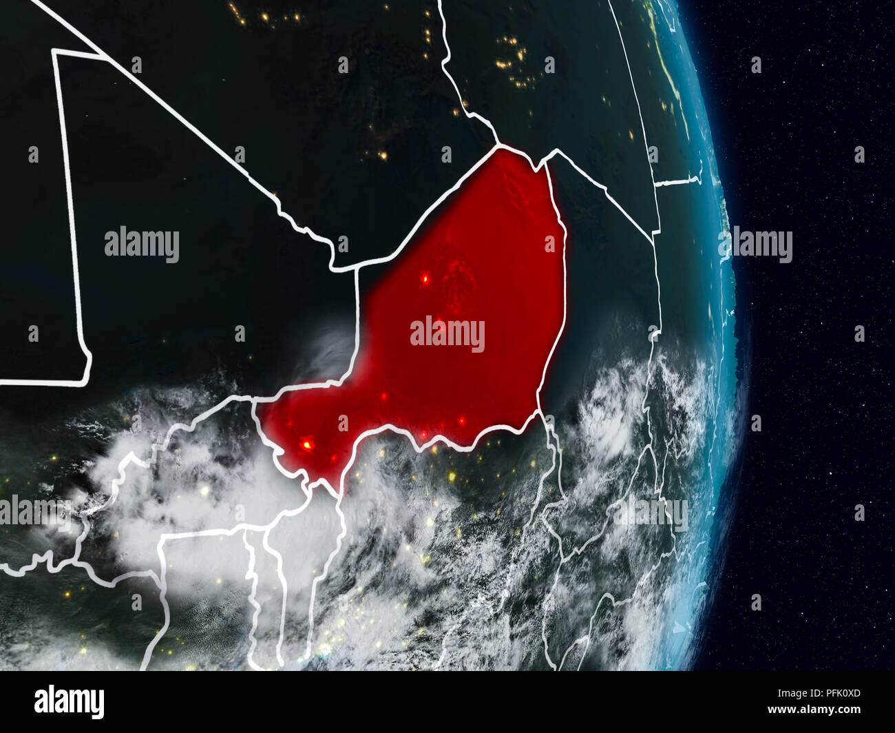 Niger from space on planet Earth at night with visible country borders ...