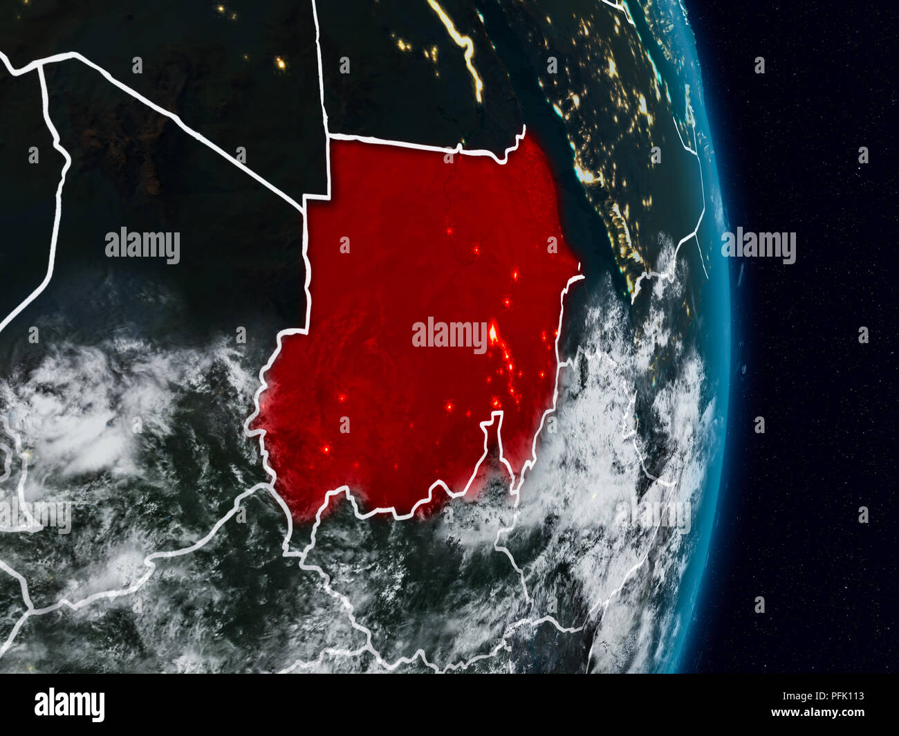 Sudan from space on planet Earth at night with visible country borders ...
