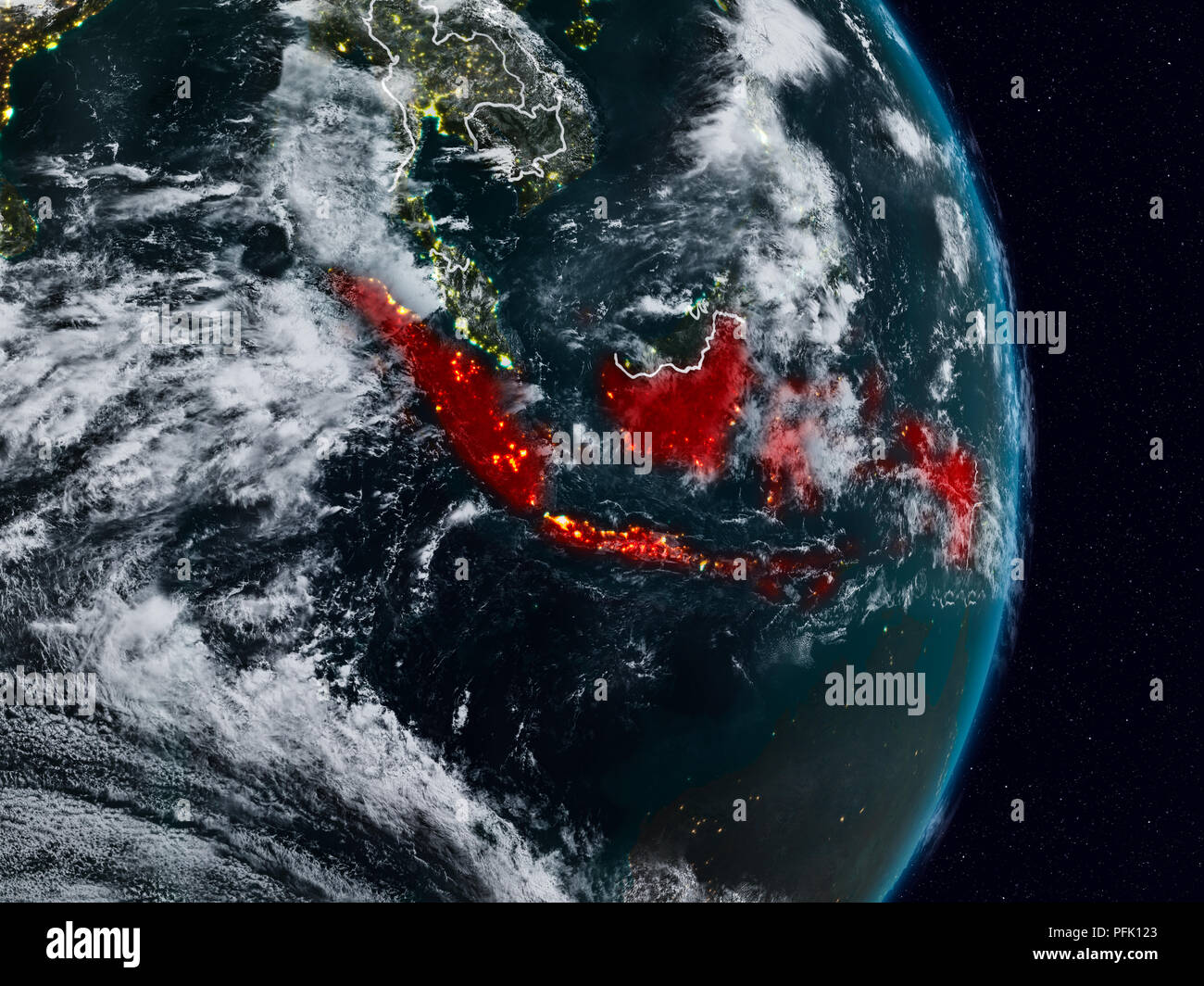 Indonesia from space on planet Earth at night with visible country ...