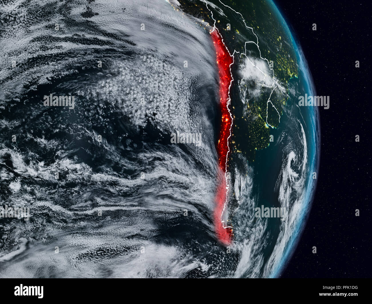 Chile from space on planet Earth at night with visible country borders ...