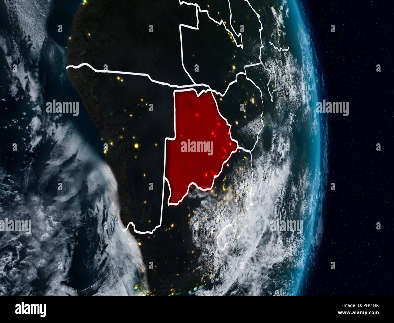Botswana from space on planet Earth at night with visible country ...