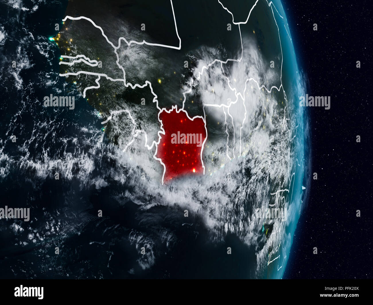 Ivory Coast from space on planet Earth at night with visible country ...