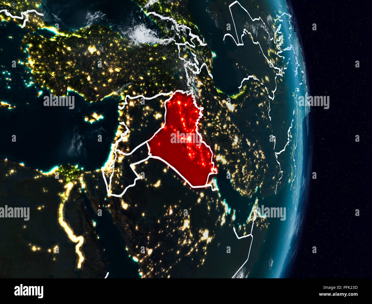 Iraq from space on planet Earth at night with visible country borders ...