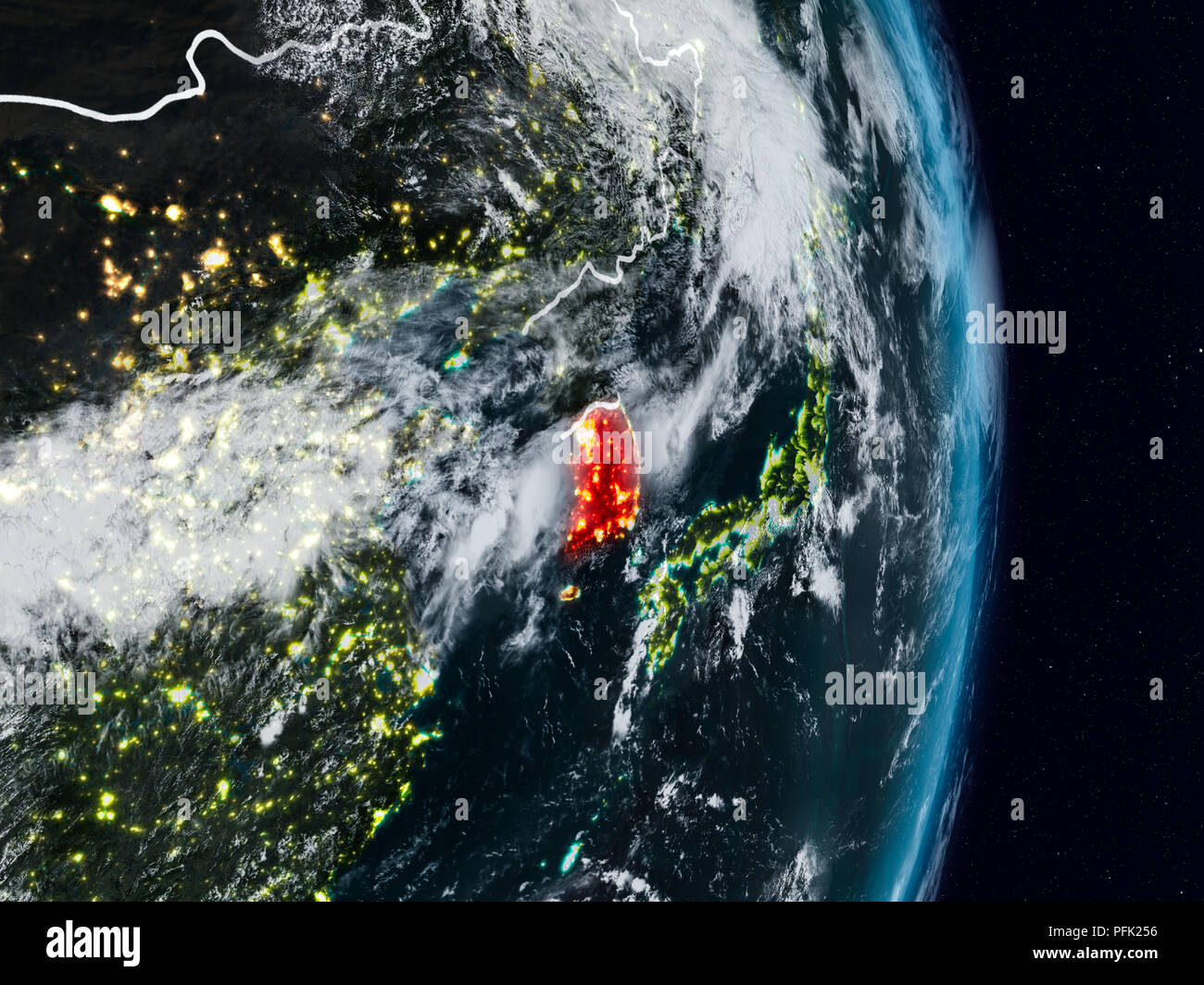 South Korea from space on planet Earth at night with visible country ...