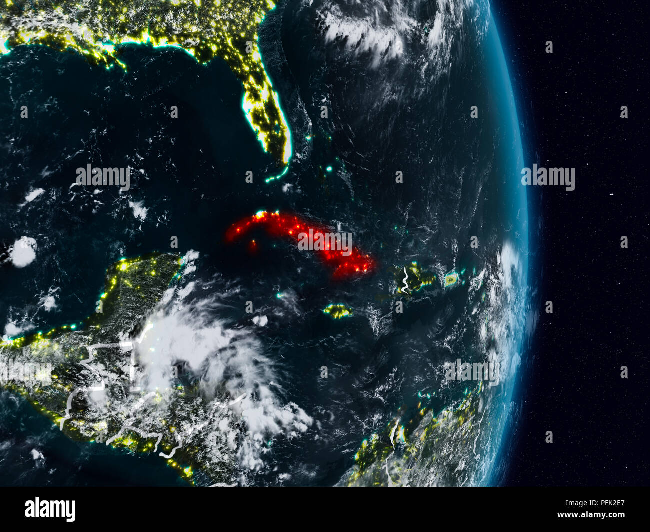 Cuba from space on planet Earth at night with visible country borders ...