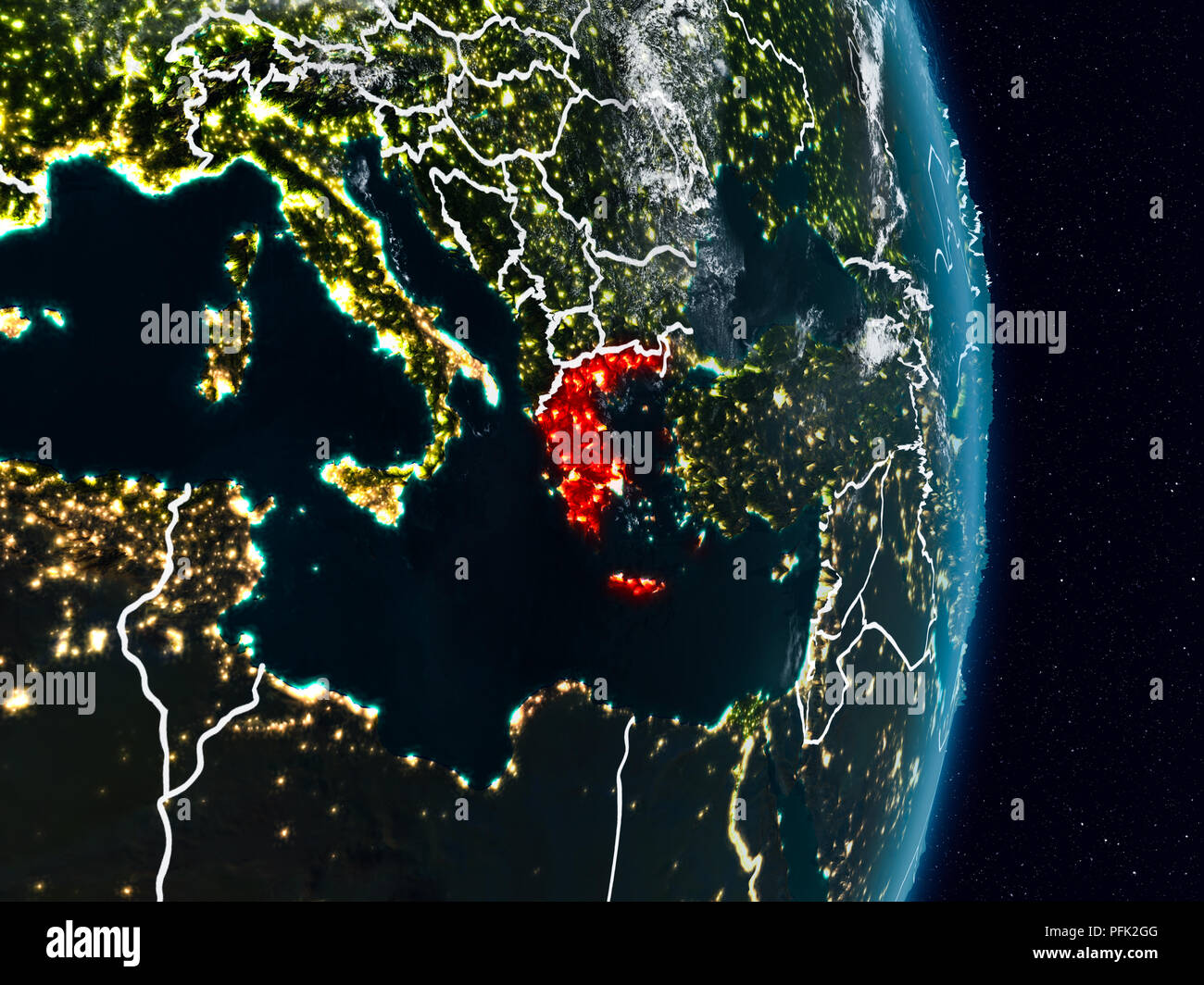 Greece from space on planet Earth at night with visible country borders ...