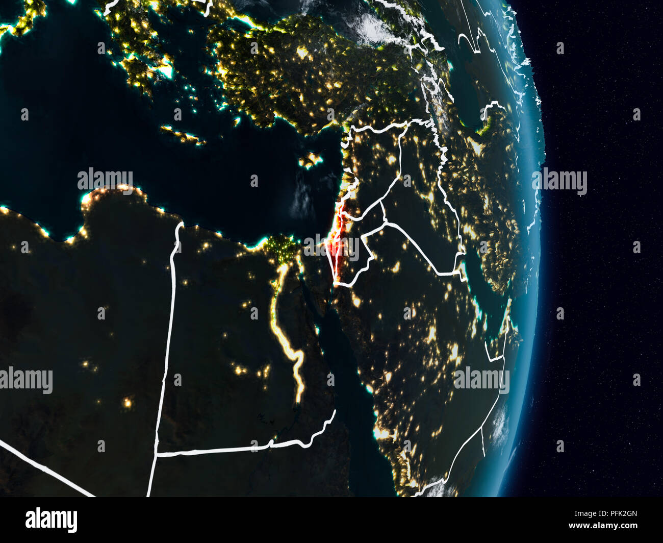 Israel from space on planet Earth at night with visible country borders ...