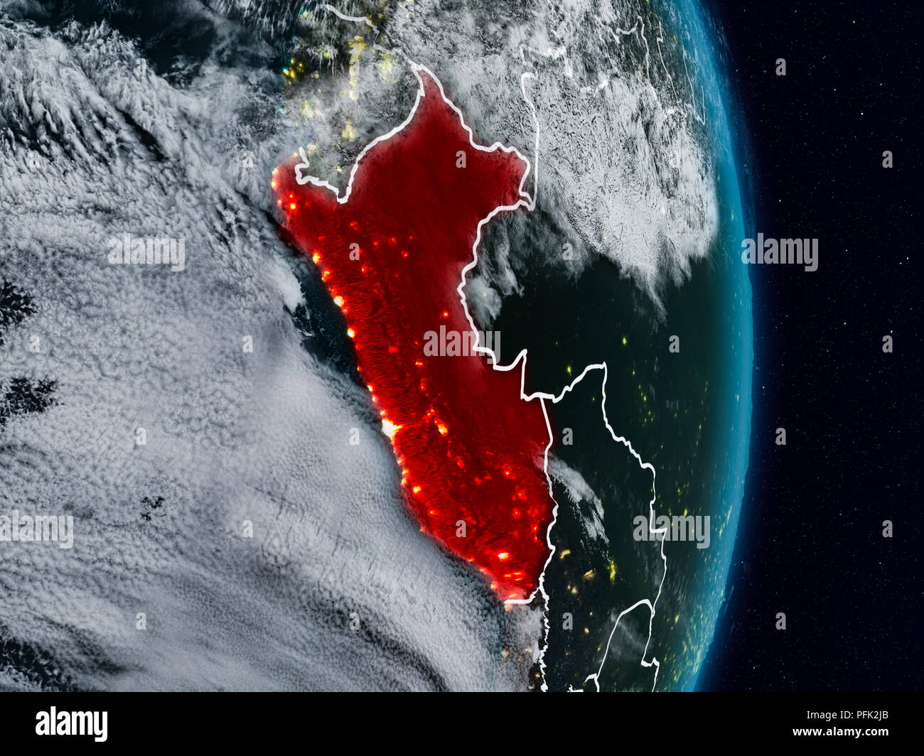 Peru from space on planet Earth at night with visible country borders ...