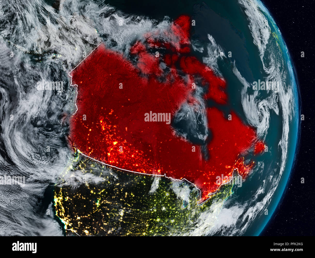 Canada from space on planet Earth at night with visible country borders ...