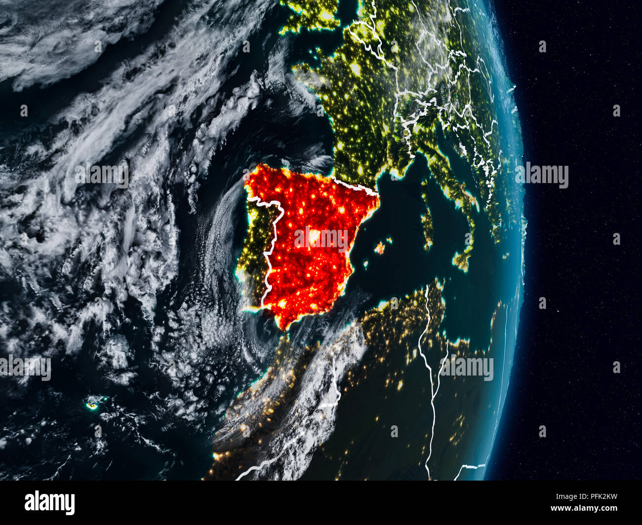 Spain from space on planet Earth at night with visible country borders ...