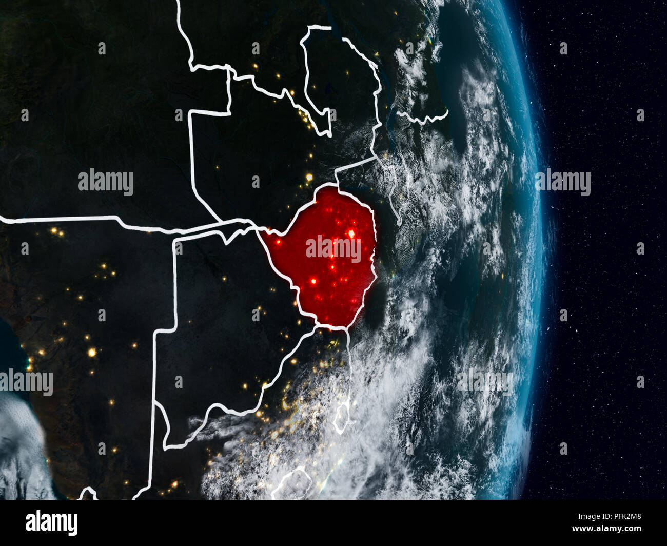 Zimbabwe from space on planet Earth at night with visible country ...
