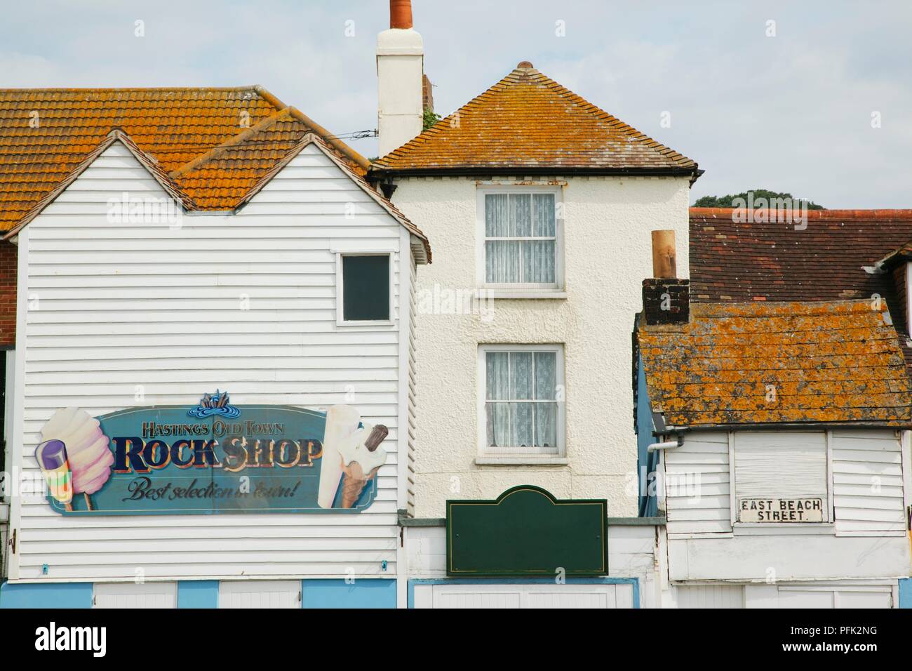 Great Britain, England, East Sussex, Hastings, seaside sweet shop sign ...