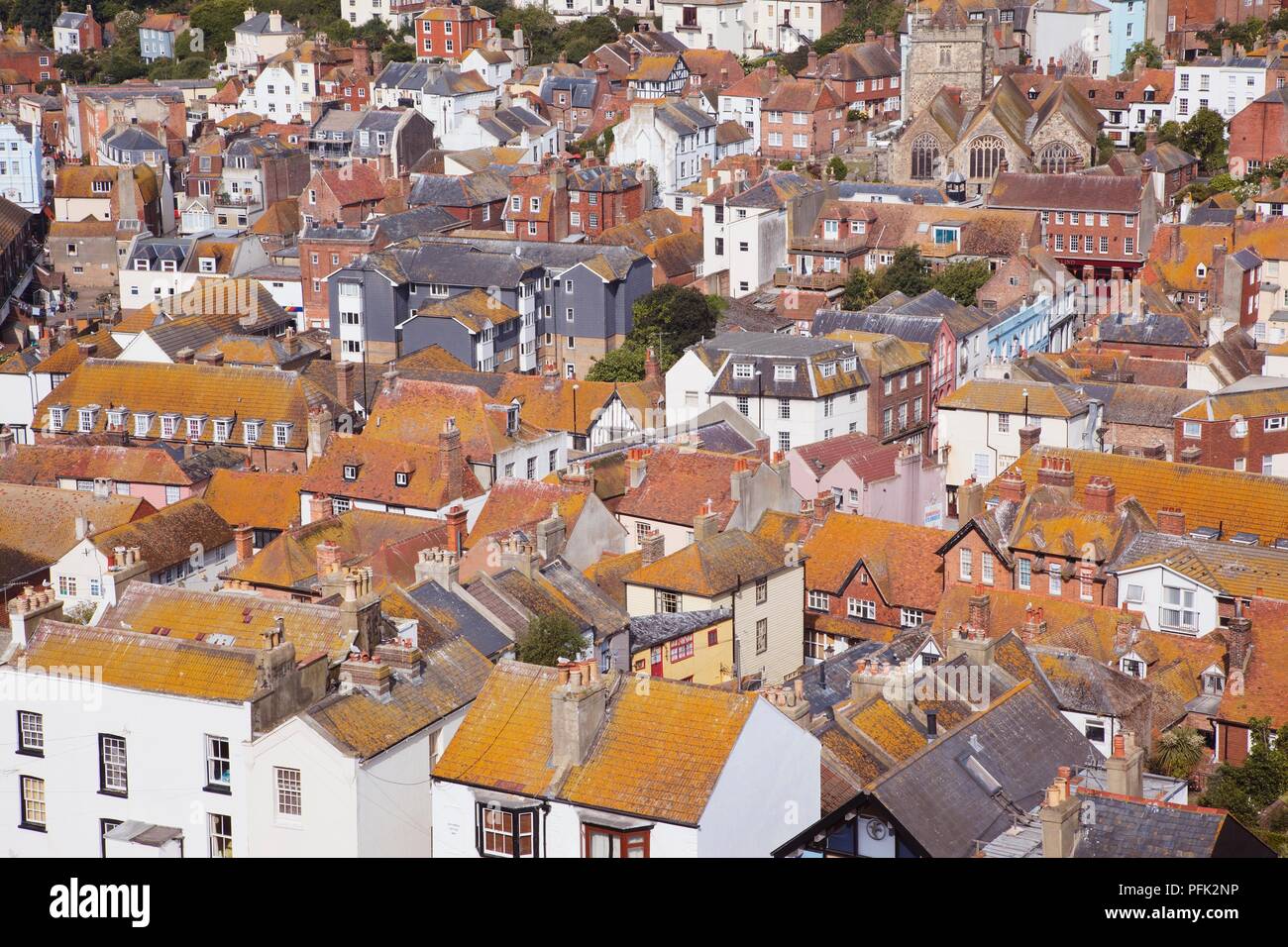 Great Britain, England, East Sussex, Hastings, rooftops of historic ...