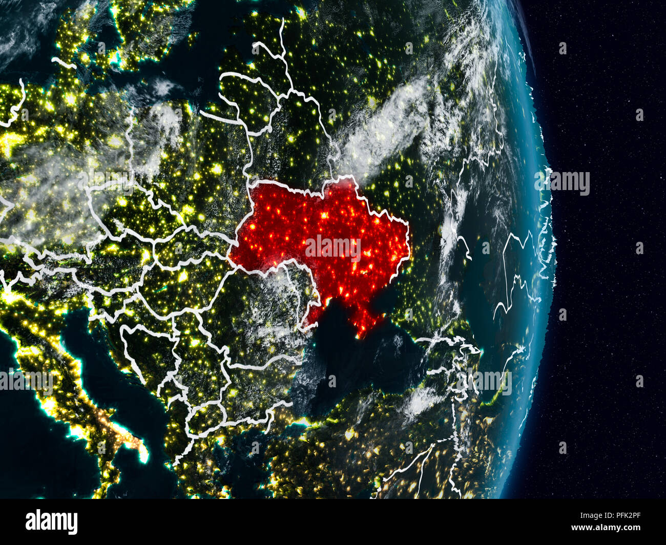 Ukraine from space on planet Earth at night with visible country ...