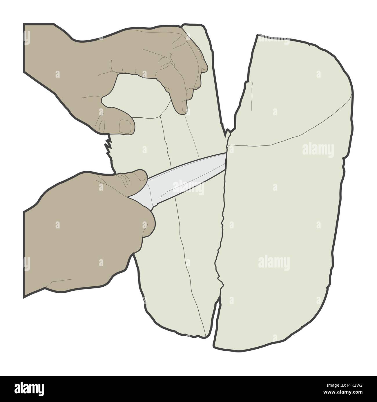 Digital illustration of hand using knife to spilt log in half Stock ...