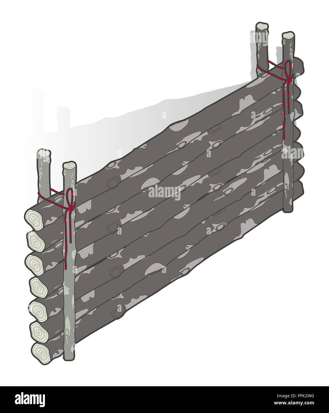Digital illustration of part of fire reflector wall made of logs tied ...