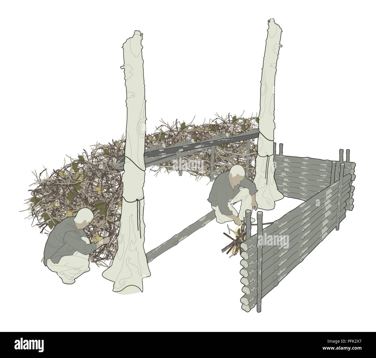 Digital illustration of two men covering frame of lean-to with sticks ...