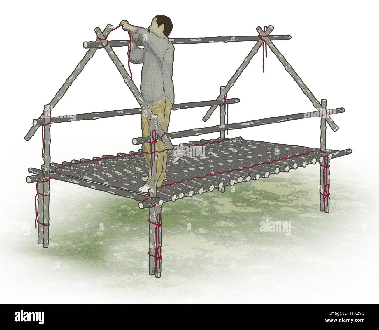 Digital composite illustration of man tying A-frame poles to jungle hut ...