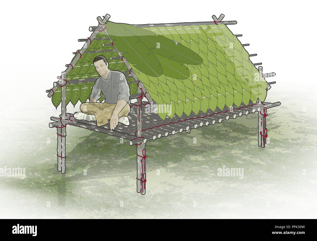 Digital composite illustration of man sitting in jungle hut Stock Photo ...