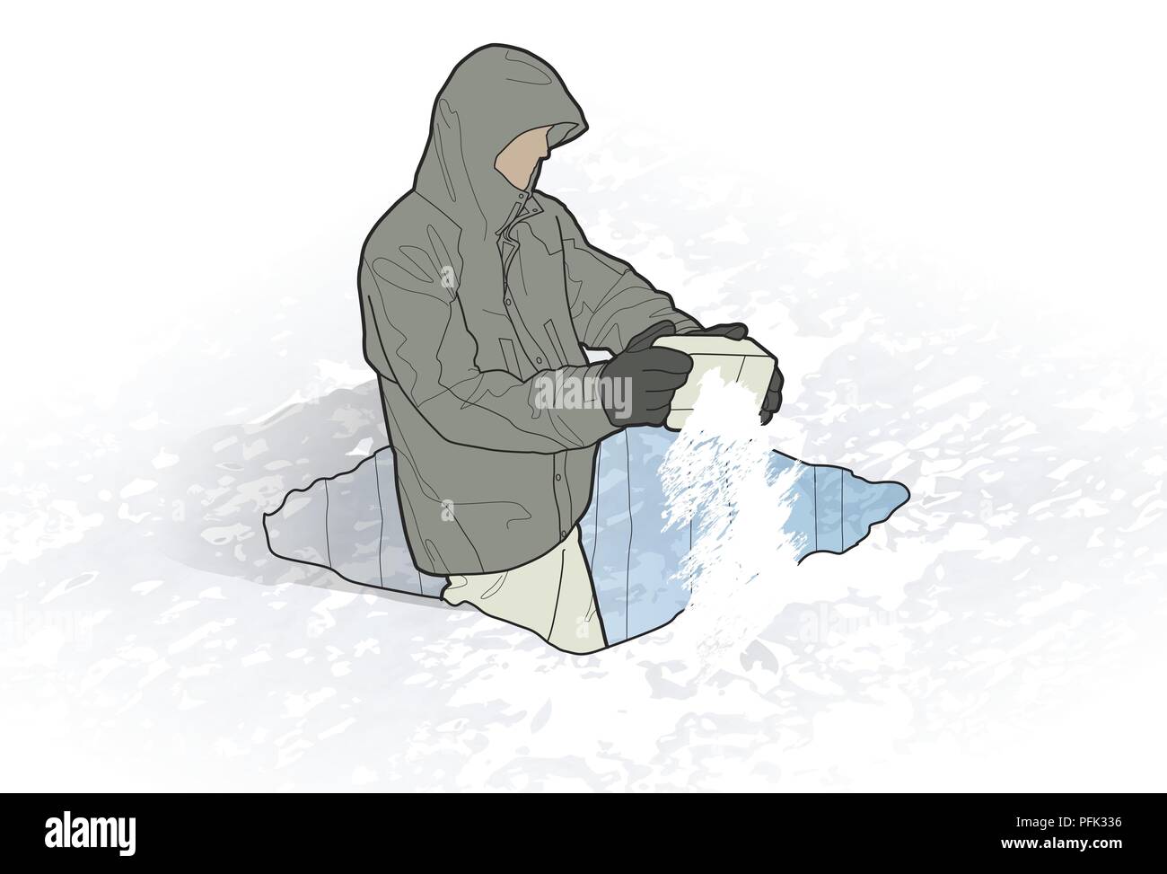 Digital illustration of man standing in fighter trench emptying snow ...