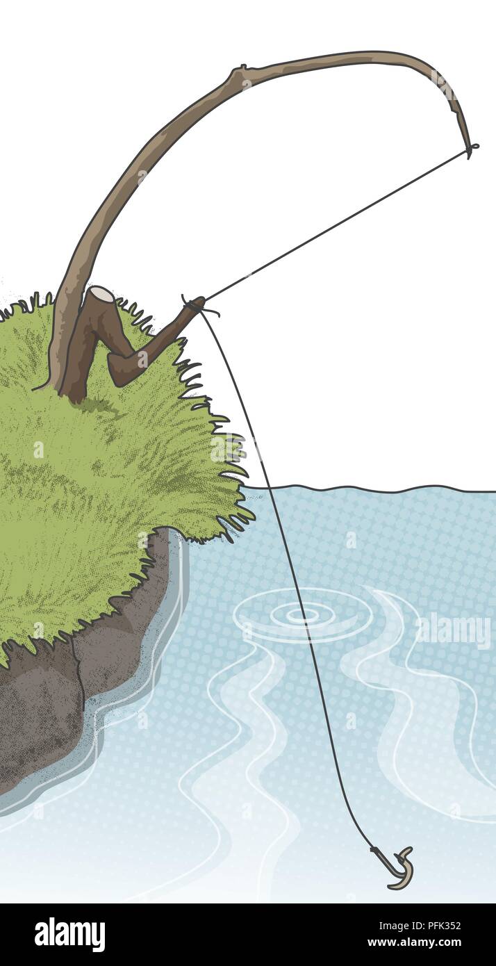 Digital illustration of self-striking fishing line made from branches ...