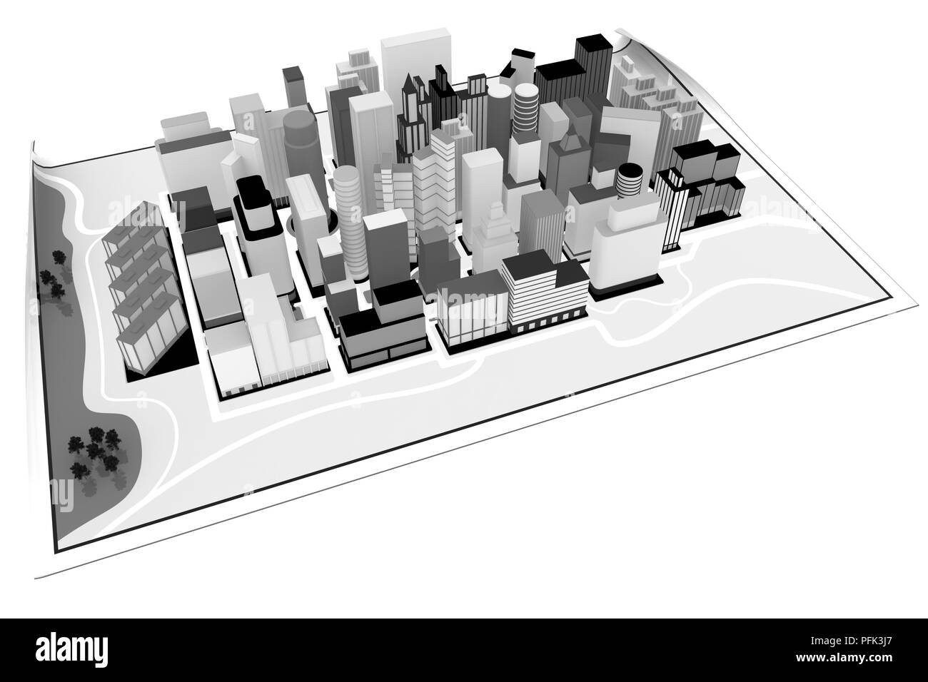 3D illustration. Road map. Cities, skyscrapers and homes placed on the ...