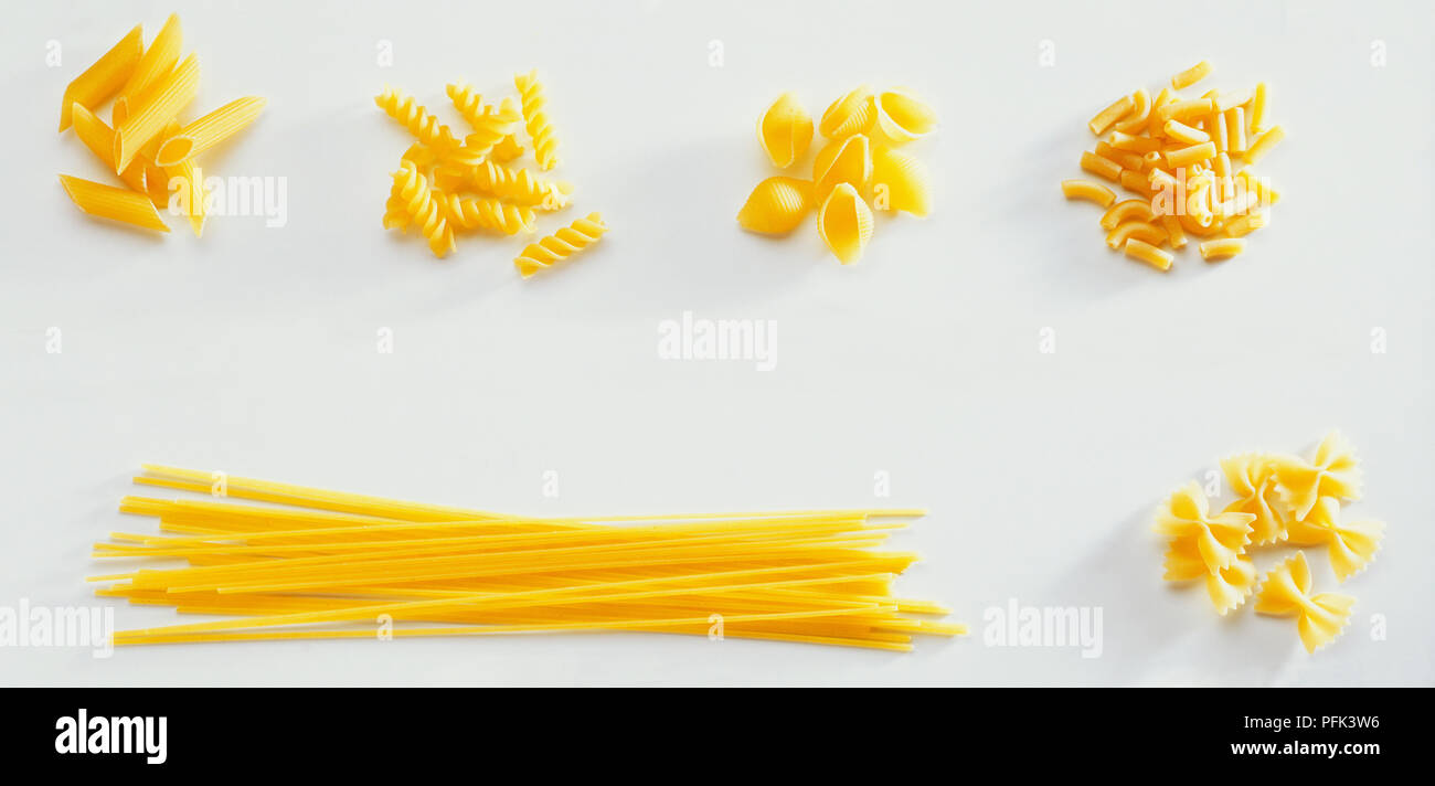 Examples of dried pasta, including penne, fusilli, shells, macaroni ...
