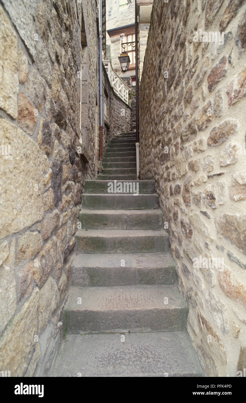 France, Normandy, Mont Saint Michel, Grande Rue, narrow stone steps ...