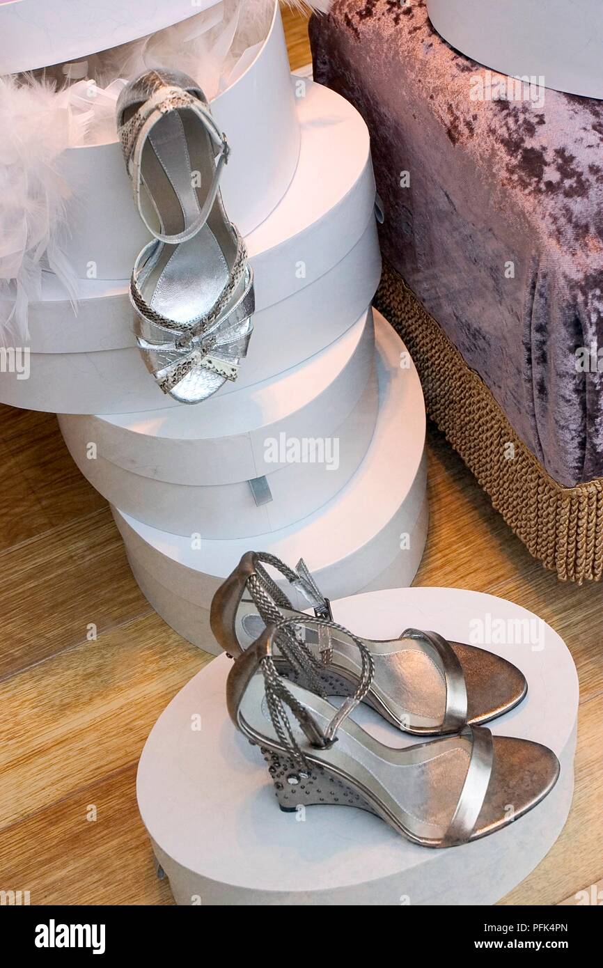 Women's wedge shoes on display on top of shoe boxes in department store ...