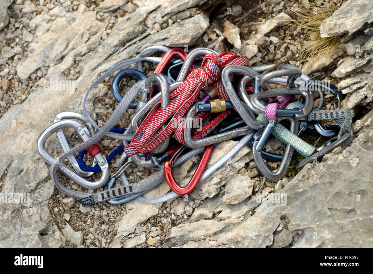 Climbing gear on rock, close-up Stock Photo - Alamy