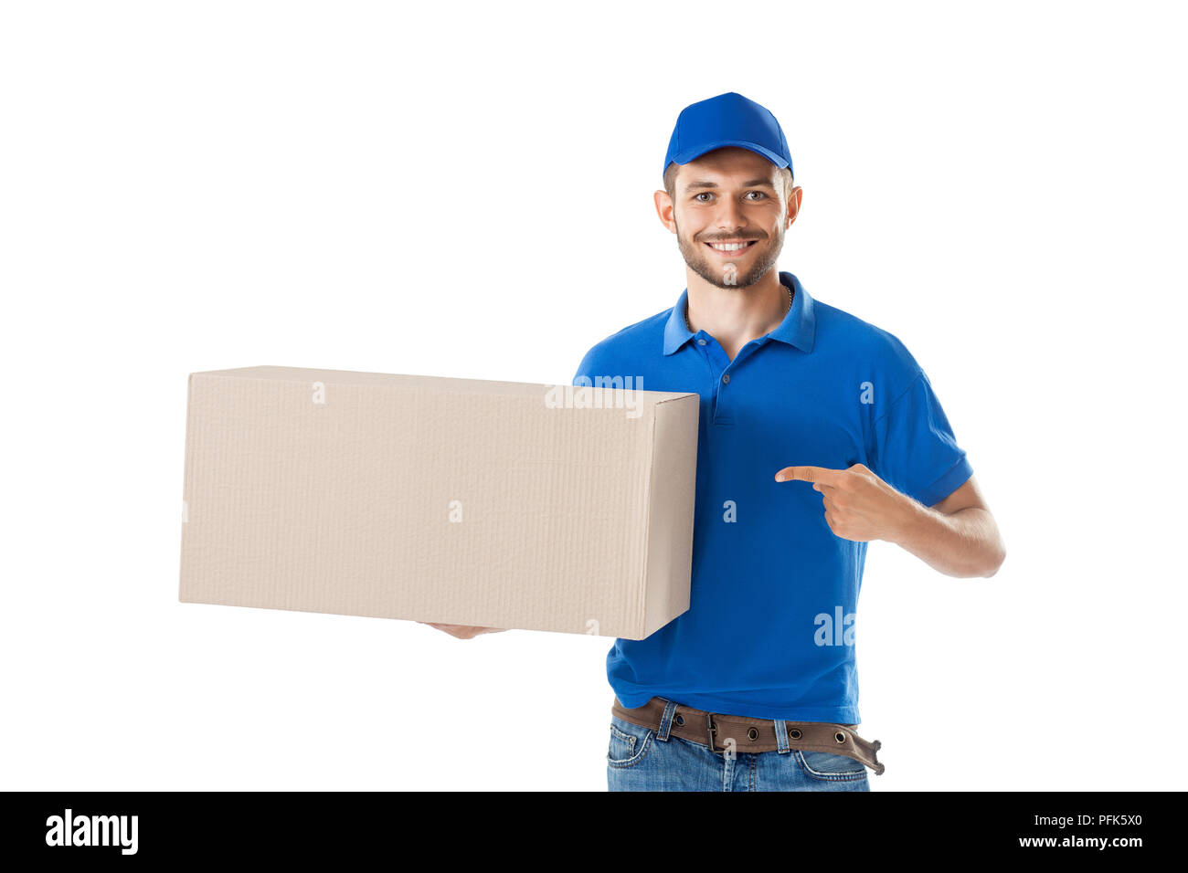 Happy postman shows on big box isolated on white background. Deliverer ...