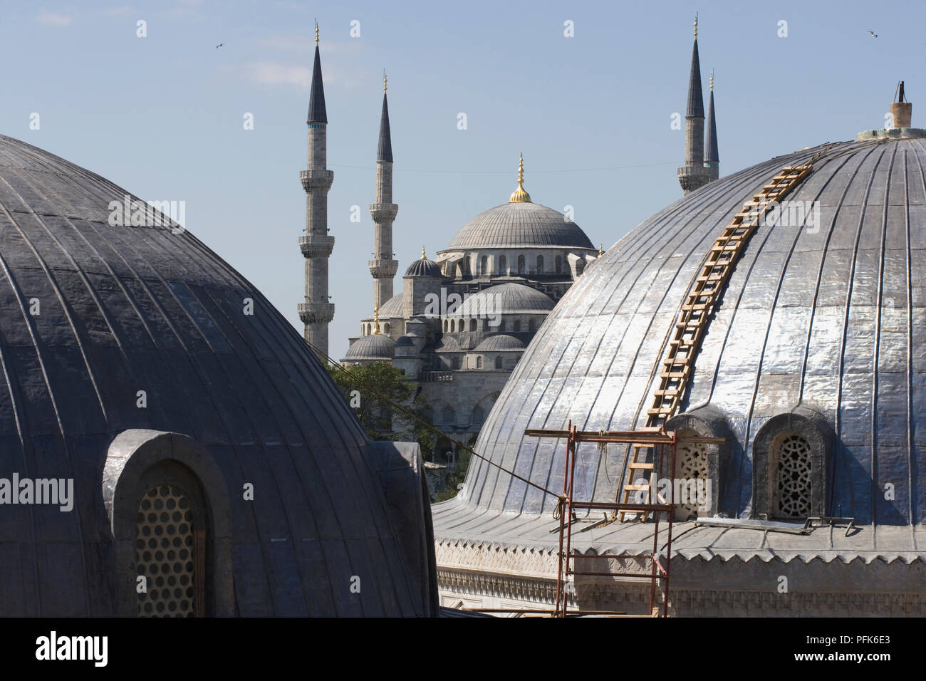 Turkey, Istanbul, view of Blue Mosque with domes of Haghia Sofia in ...